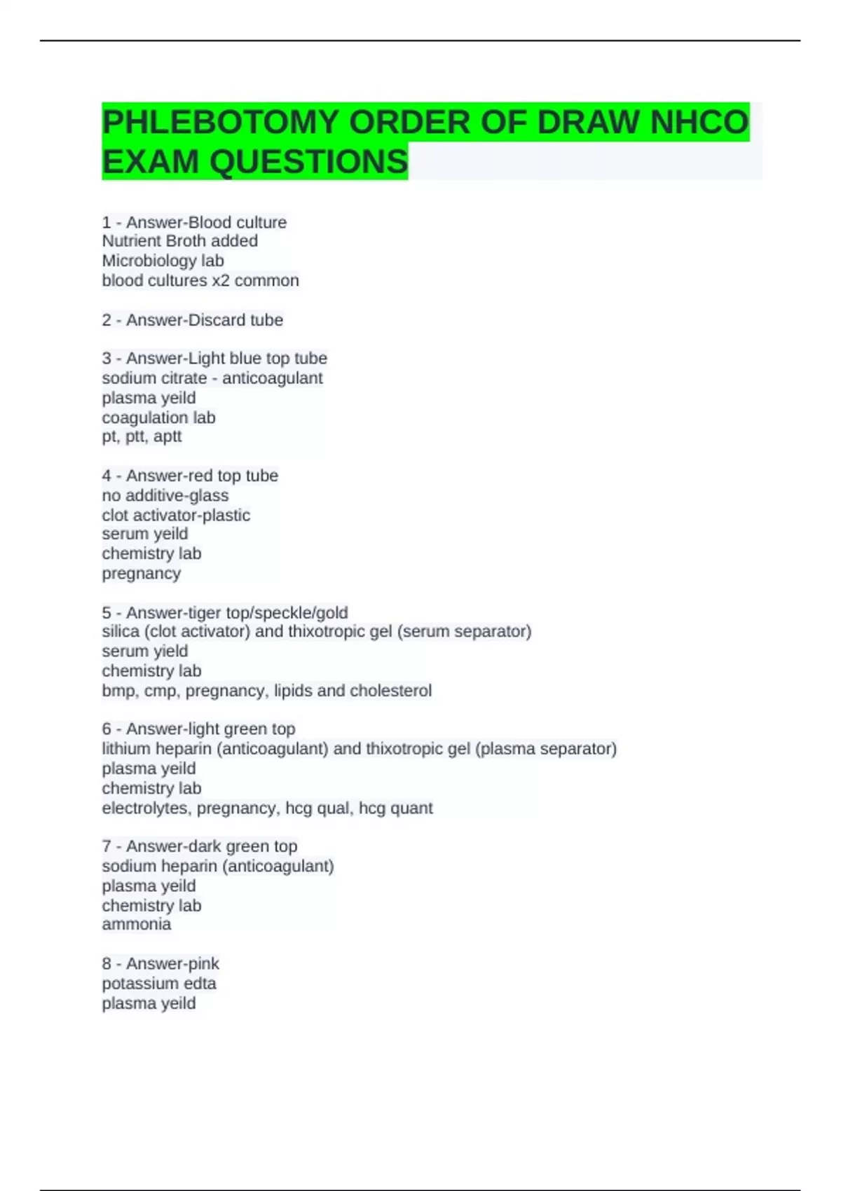 PHLEBOTOMY ORDER OF DRAW NHCO EXAM QUESTIONS - NHCO PHLEBOTOMY - Stuvia US