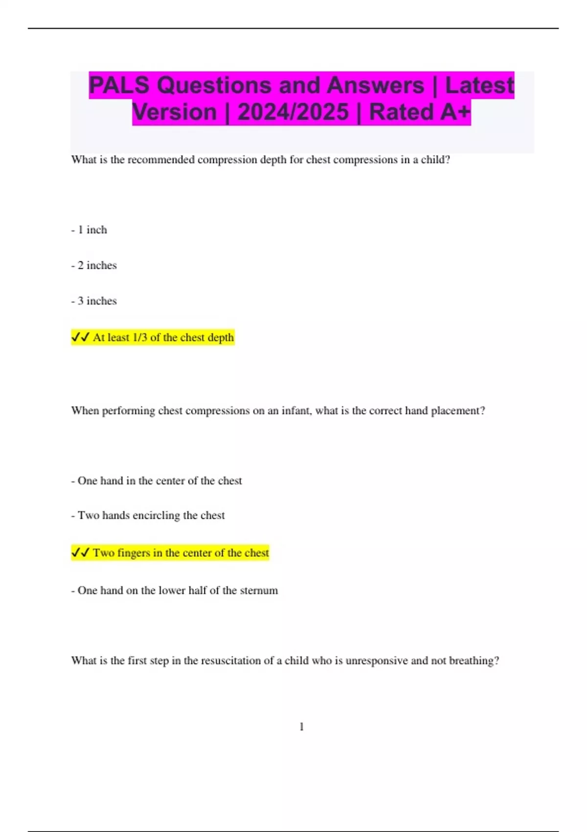 PALS Questions and Answers | Latest Version | 2024/2025 | Rated A+ ...