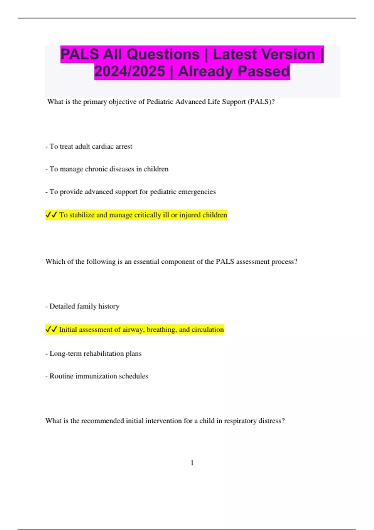 PALS All Questions | Latest Version | 2024/2025 | Already Passed - PALS ...