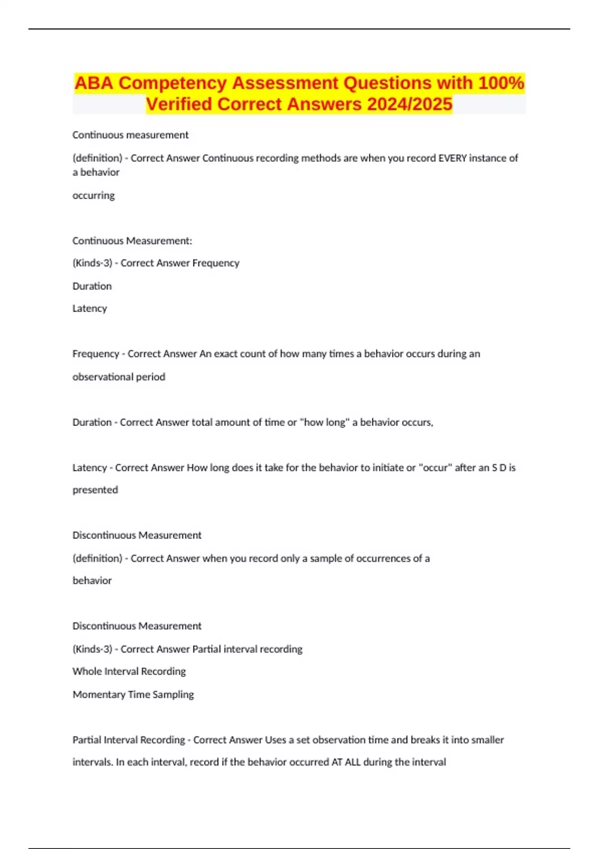 ABA Competency Assessment Questions with 100% Verified Correct Answers ...
