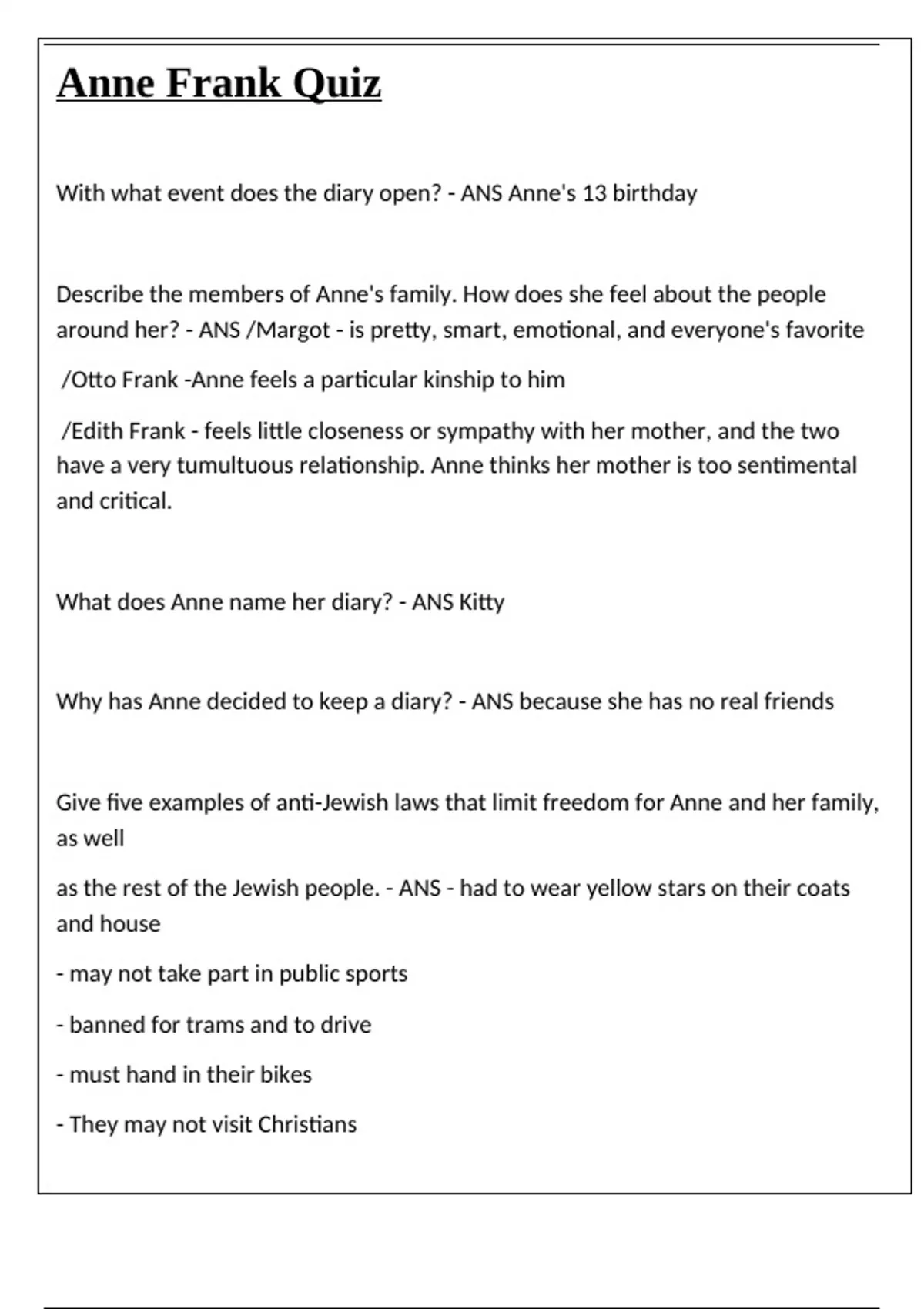 Anne Frank Quiz Detailed Questions and Expert Answers 2024 - Anne Frank ...