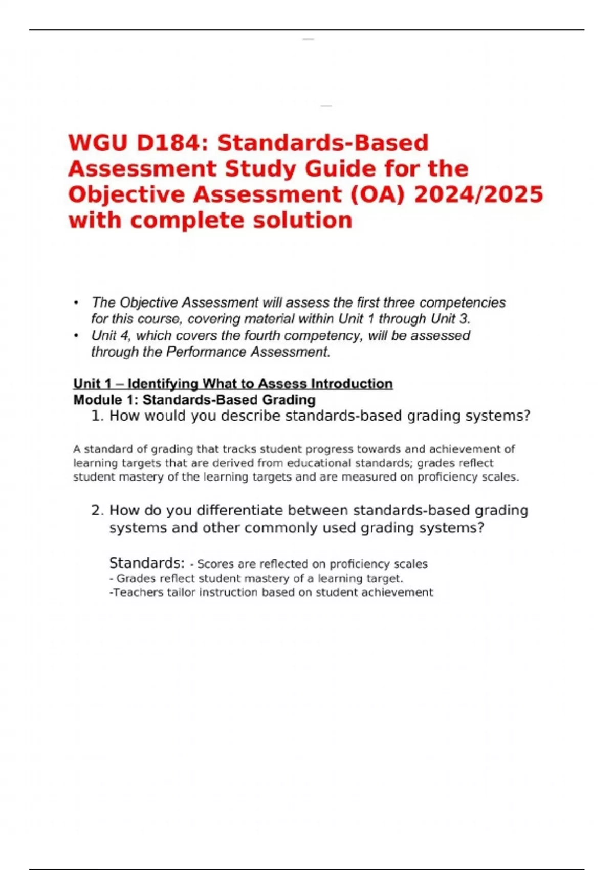 WGU D184: Standards-Based Assessment Study Guide for the Objective Assessment (OA) 2024/2025 ...