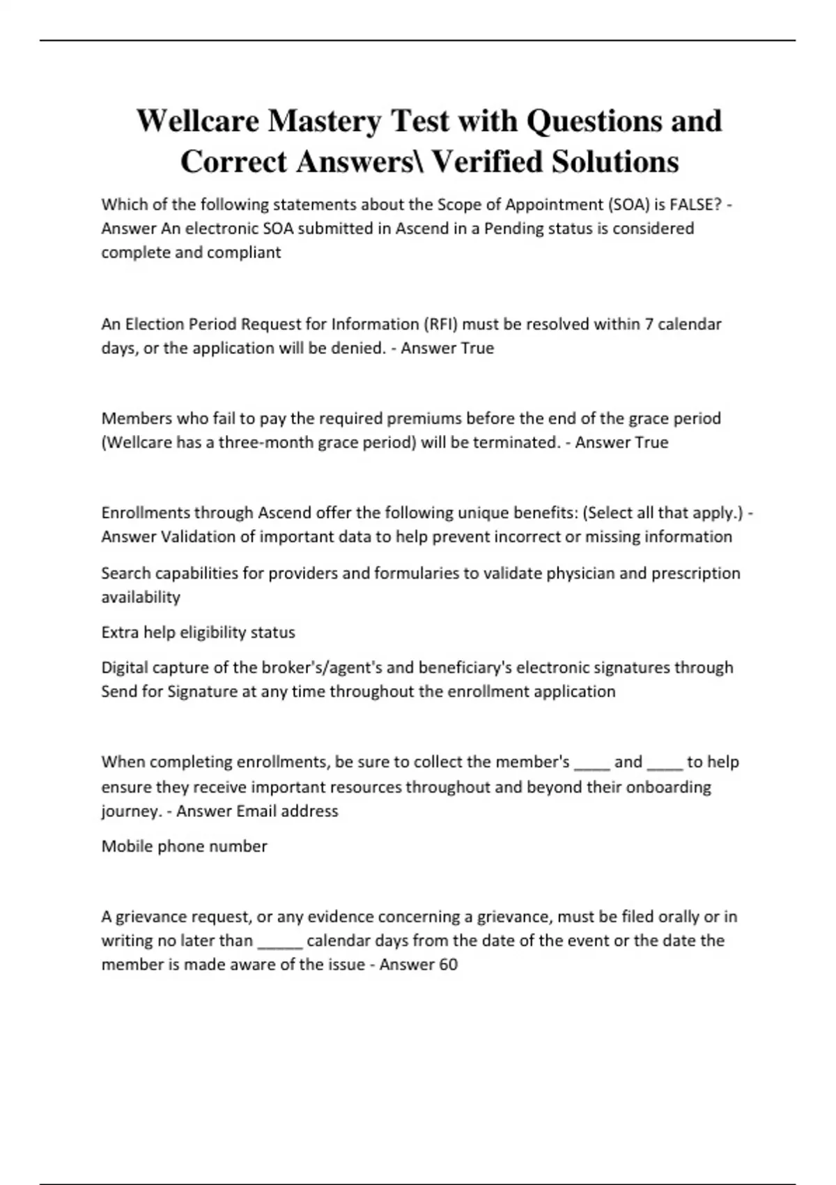 Wellcare Mastery Test with Questions and Correct Answers Verified ...