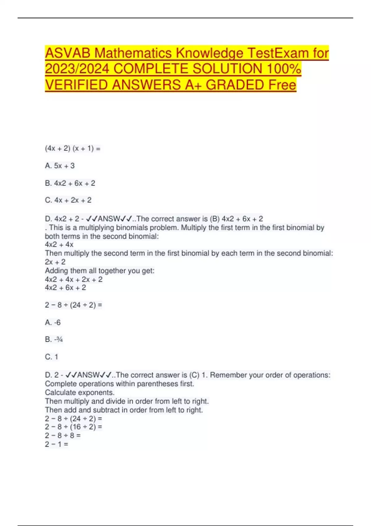 ASVAB Mathematics Knowledge TestExam for 2023/2024 COMPLETE SOLUTION ...