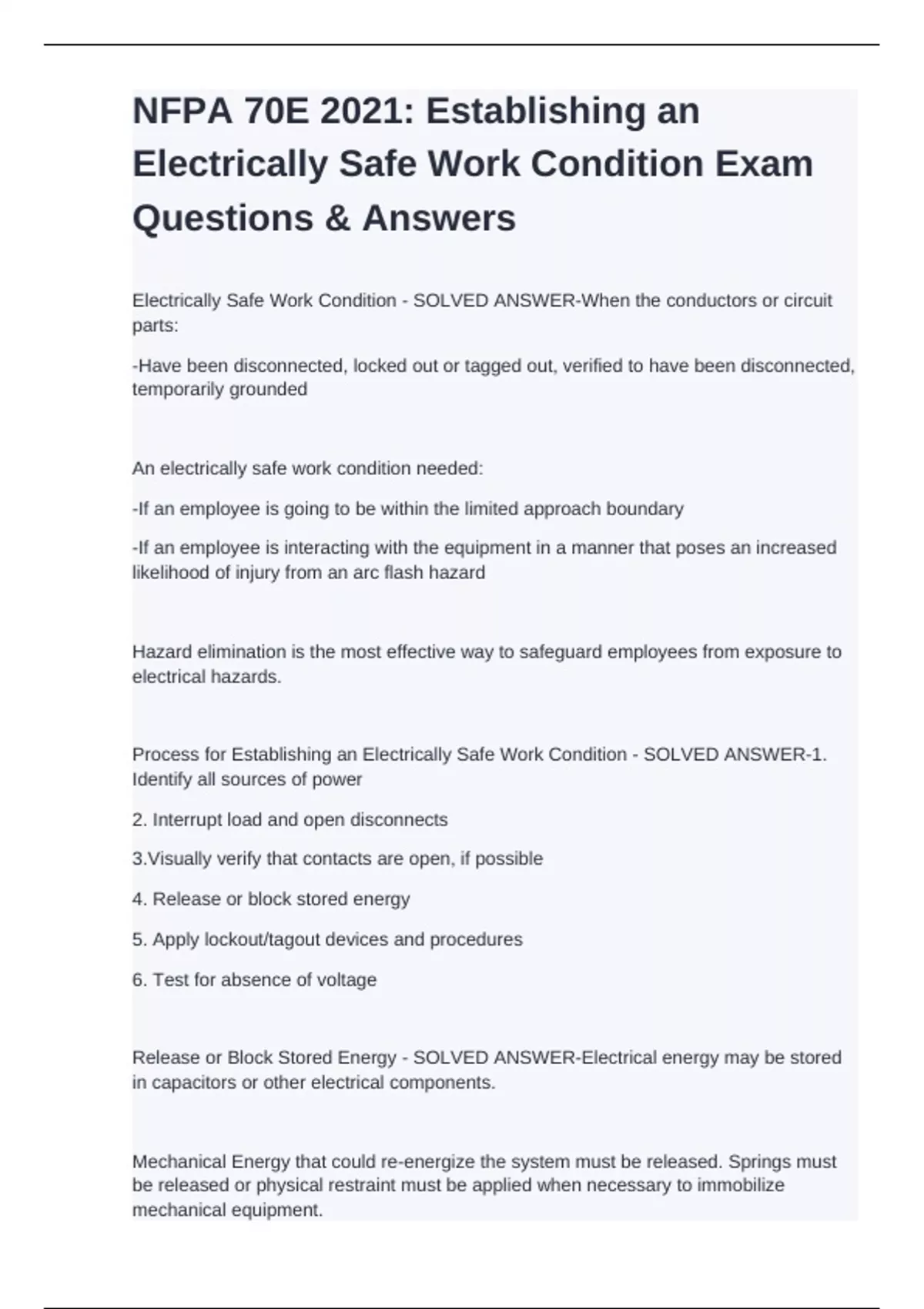 NFPA 70E 2021: Establishing an Electrically Safe Work Condition Exam ...