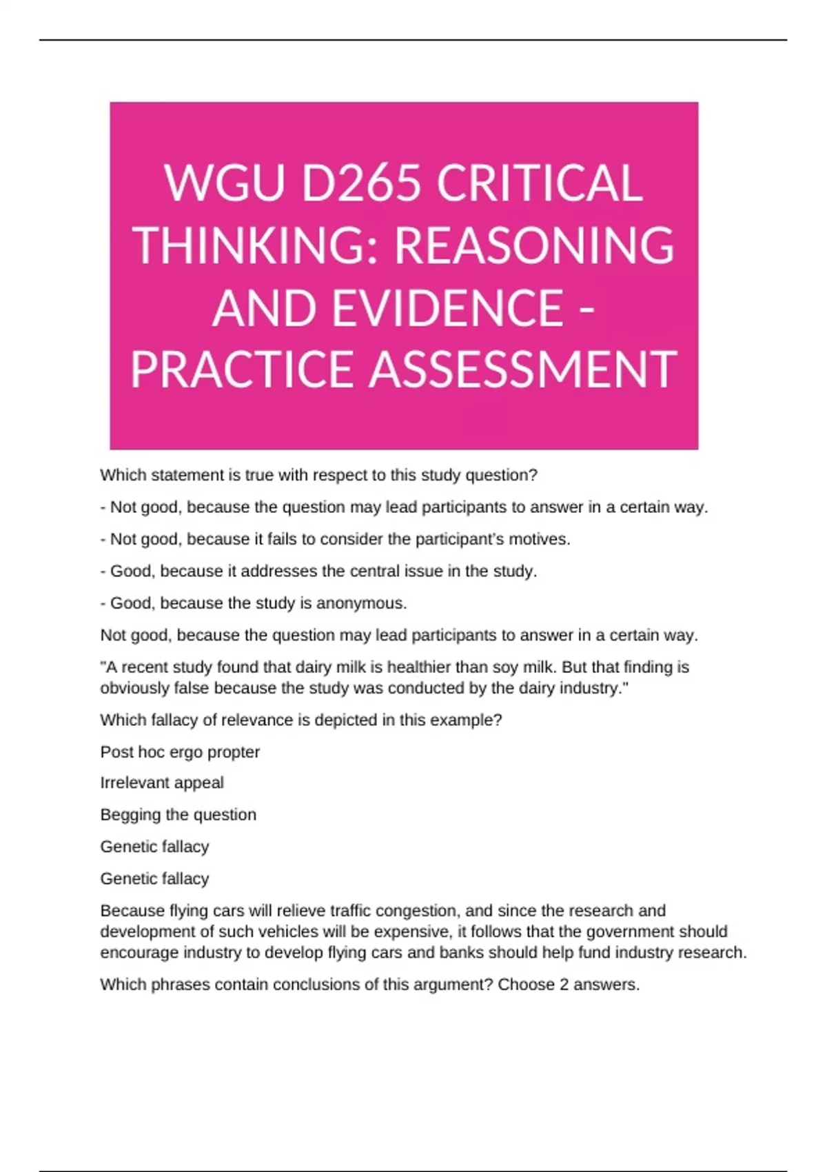 WGU D265 Critical Thinking: Reasoning and Evidence - Practice ...