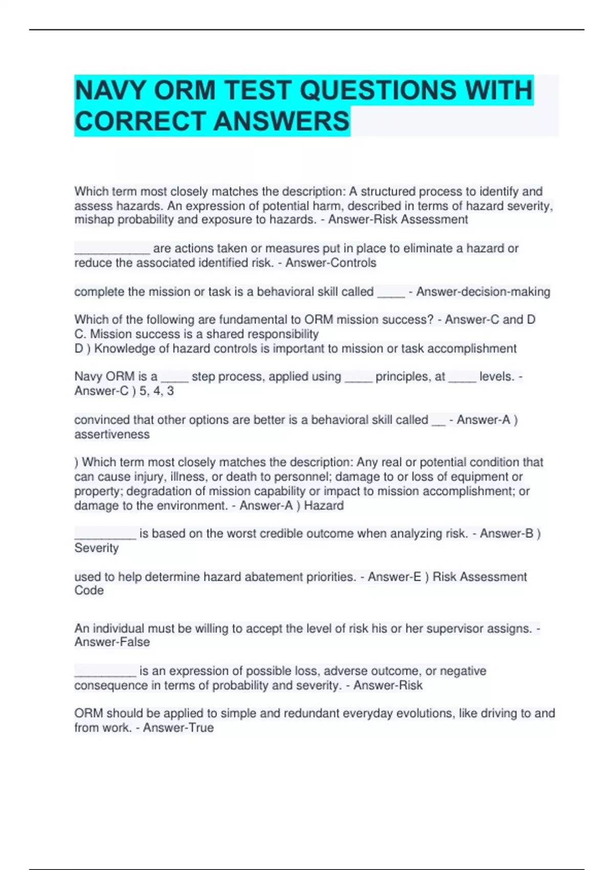 NAVY ORM TEST QUESTIONS WITH CORRECT ANSWERS - NAVY ORM - Stuvia US
