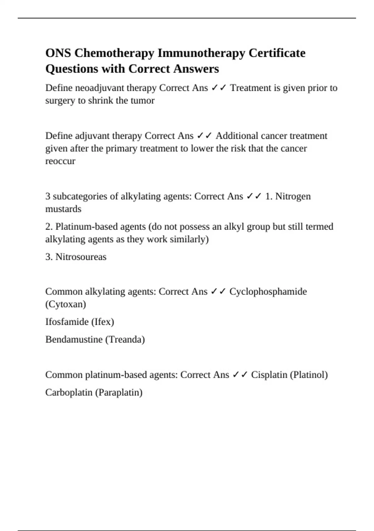 ONS Chemotherapy Immunotherapy Certificate Questions with Correct ...