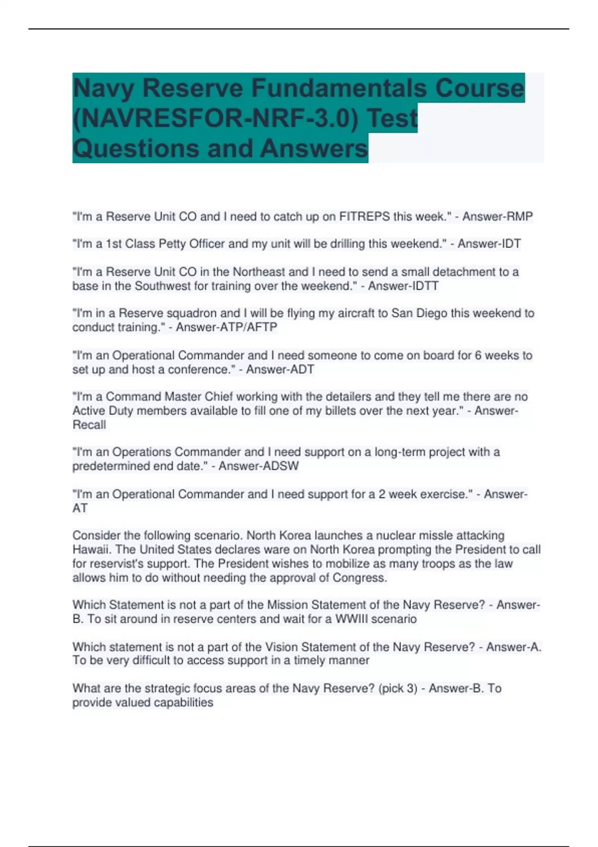 Navy Reserve Fundamentals Course (NAVRESFOR-NRF-3.0) Test Questions and ...