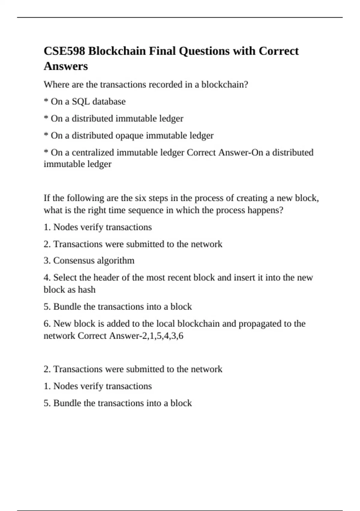 CSE598 Blockchain Final Questions with Correct Answers - Blockchain - Stuvia US