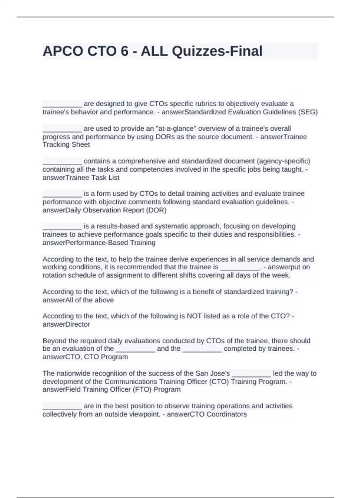 APCO CTO 6 - ALL Quizzes-Final Questions with Correct Answers - CTO ...