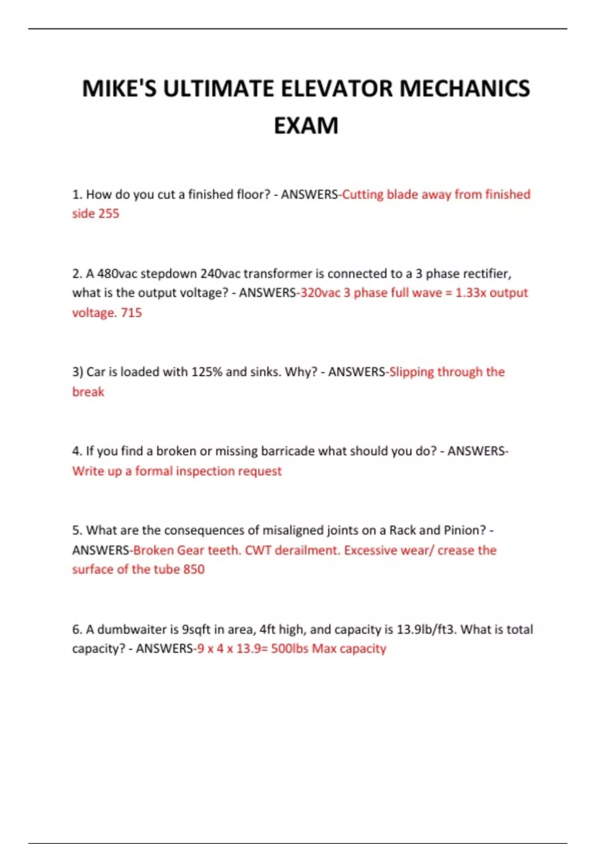 MIKE'S ULTIMATE ELEVATOR MECHANICS EXAM QUESTIONS AND ANSWERS 2024 ...