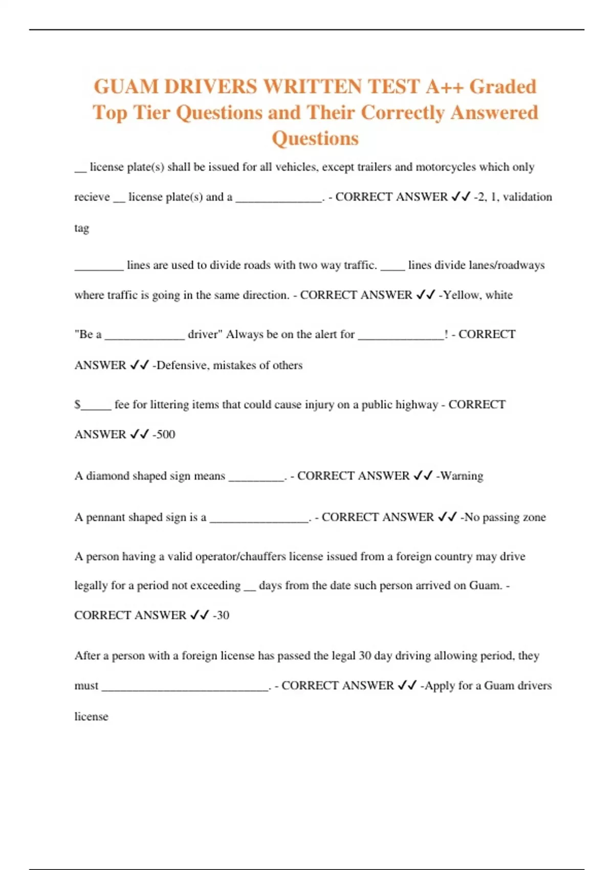 GUAM DRIVERS WRITTEN TEST A++ Graded Top Tier Questions and Their ...