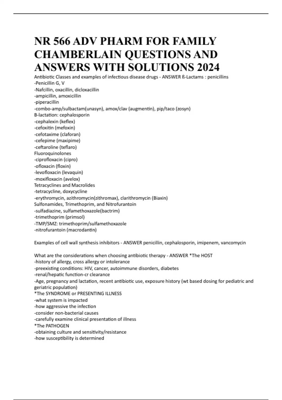 NR 566 ADV PHARM FOR FAMILY CHAMBERLAIN QUESTIONS AND ANSWERS WITH ...