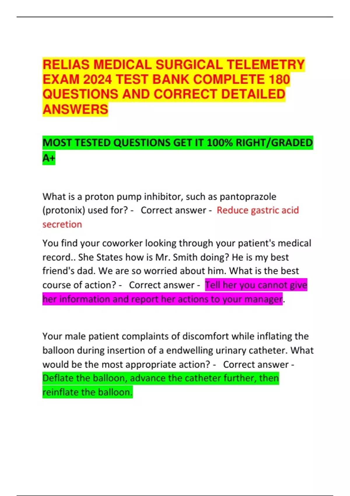 RELIAS MEDICAL SURGICAL TELEMETRY EXAM 2024 TEST BANK COMPLETE 180 ...