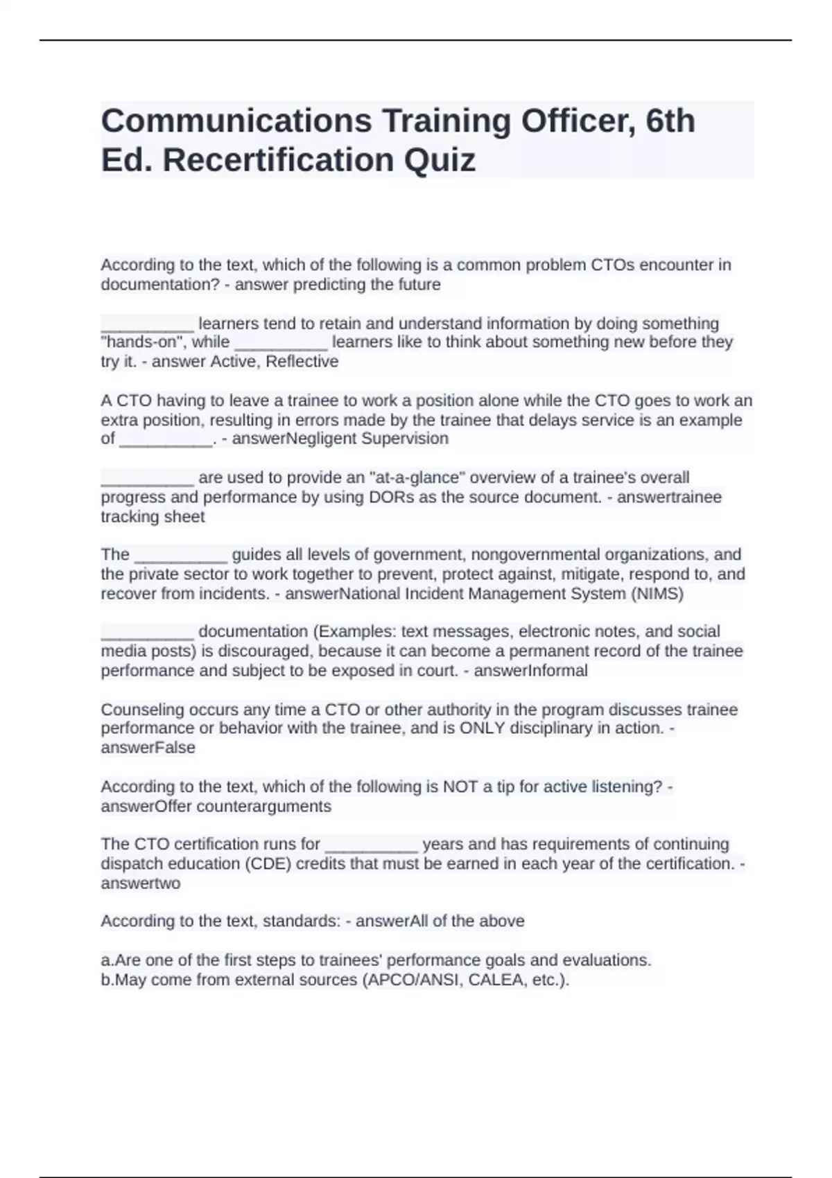 Communications Training Officer, 6th Ed. Recertification Quiz Questions ...