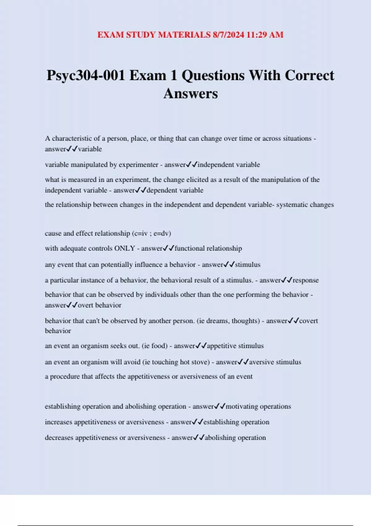 Psyc304-001 Exam 1 Questions With Correct Answer - Psyc304-001 - Stuvia US