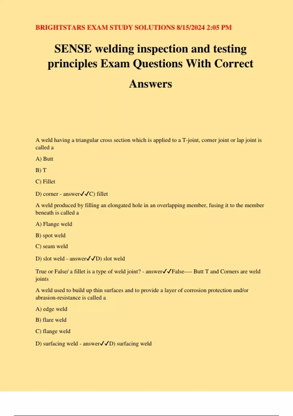 SENSE welding inspection and testing principles Exam Questions With ...