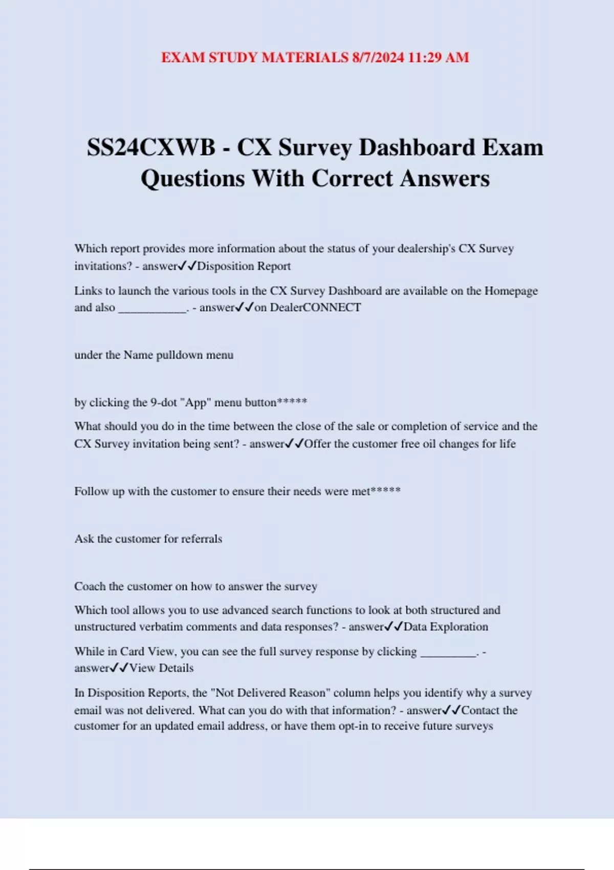 SS24CXWB - CX Survey Dashboard Exam Questions With Correct Answers ...