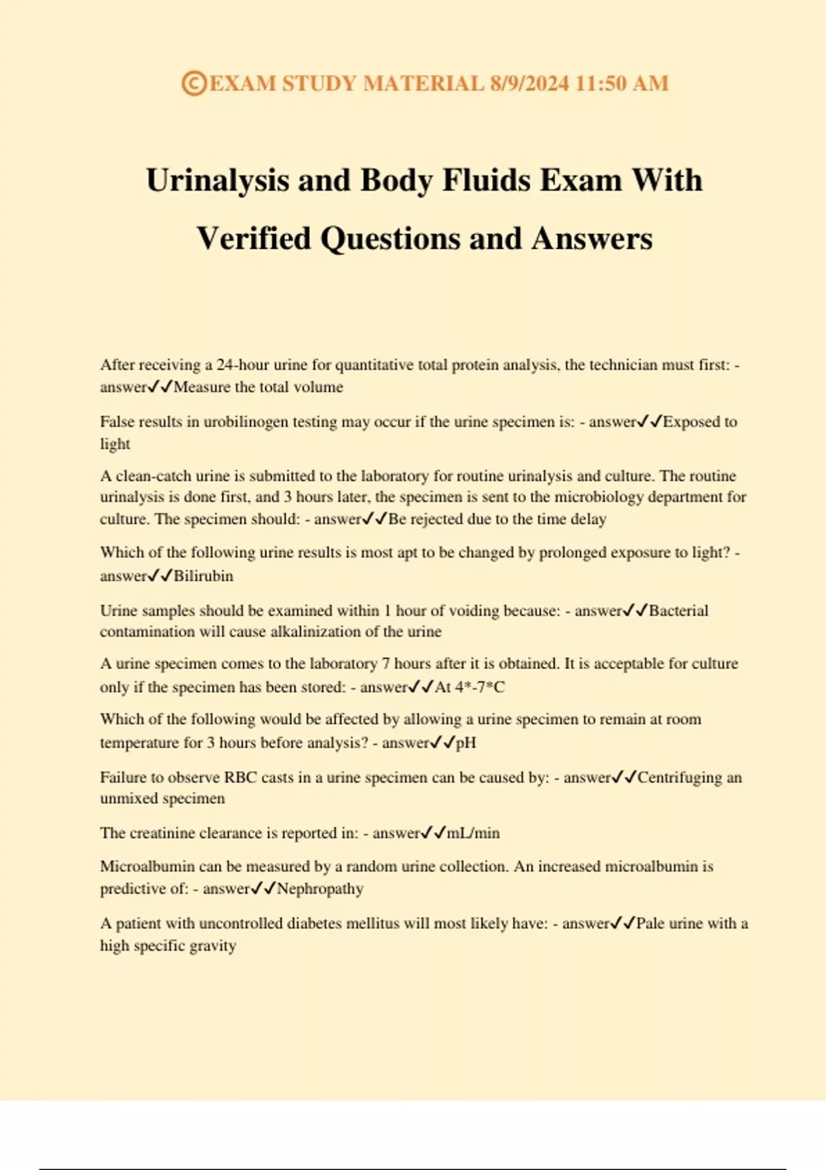 Urinalysis and Body Fluids Exam With Verified Questions and Answers ...