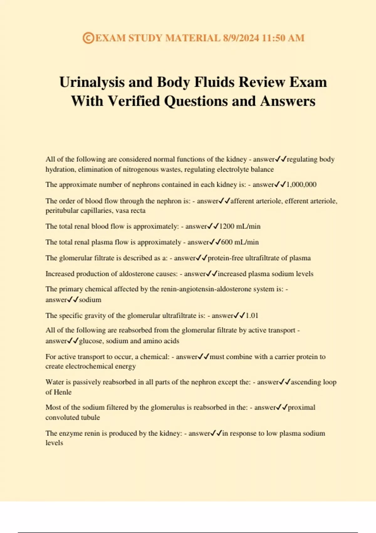 Urinalysis and Body Fluids Review Exam With Verified Questions and ...