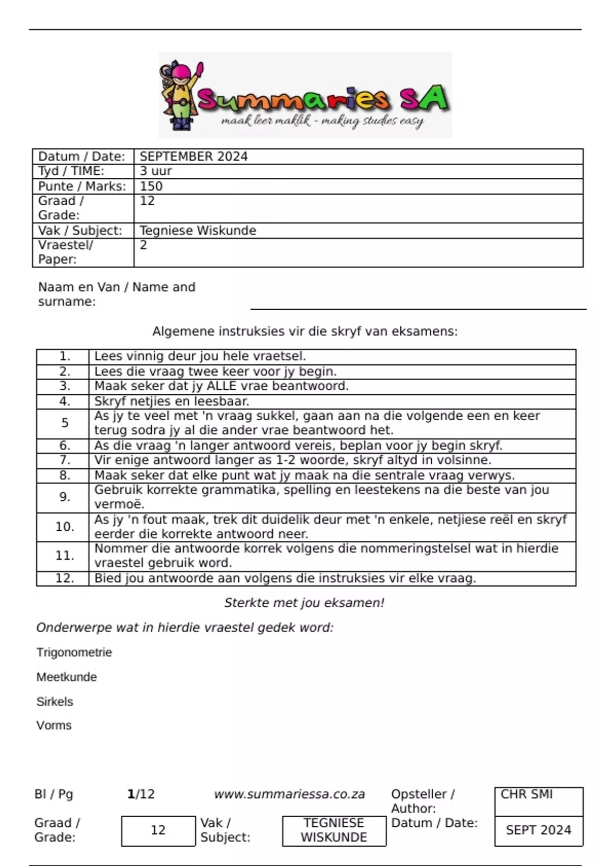 Graad 12 Tegniese Wiskunde (TEG WISK) September Vraestel 2 en Memo - 2024 - Mathematics - Stuvia SA
