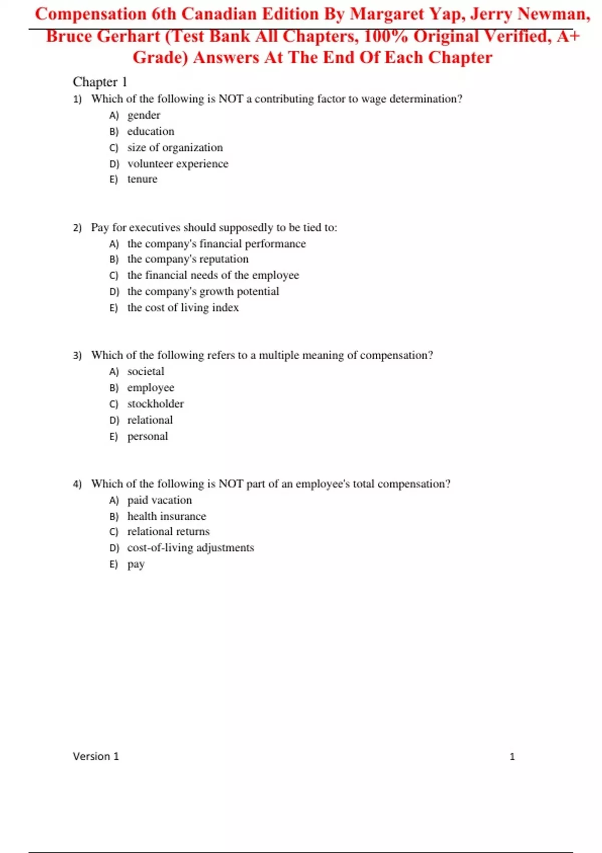 Test Bank for Compensation 6th Canadian Edition By Margaret Yap, Jerry ...