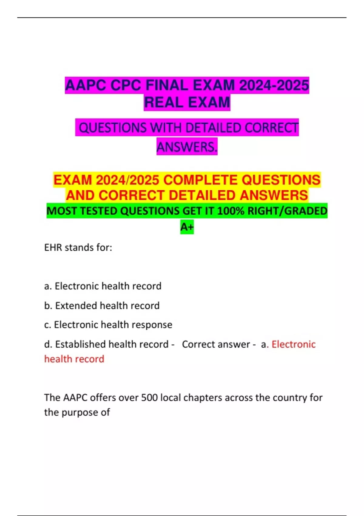 AAPC CPC FINAL EXAM REAL EXAM QUESTIONS WITH DETAILED CORRECT ANSWERS ...