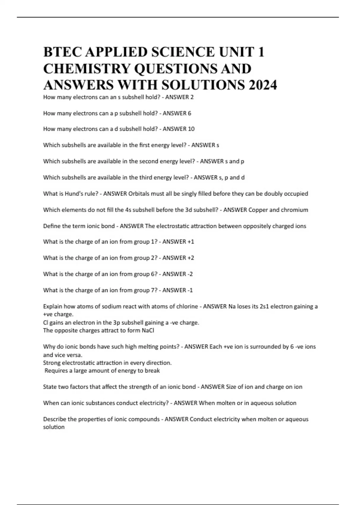 BTEC APPLIED SCIENCE UNIT 1 CHEMISTRY QUESTIONS AND ANSWERS WITH ...