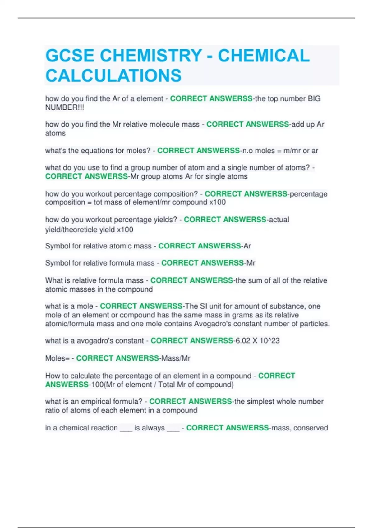 GCSE CHEMISTRY - CHEMICAL CALCULATIONS REVIEW TEST - GCSE CHEMISTRY ...
