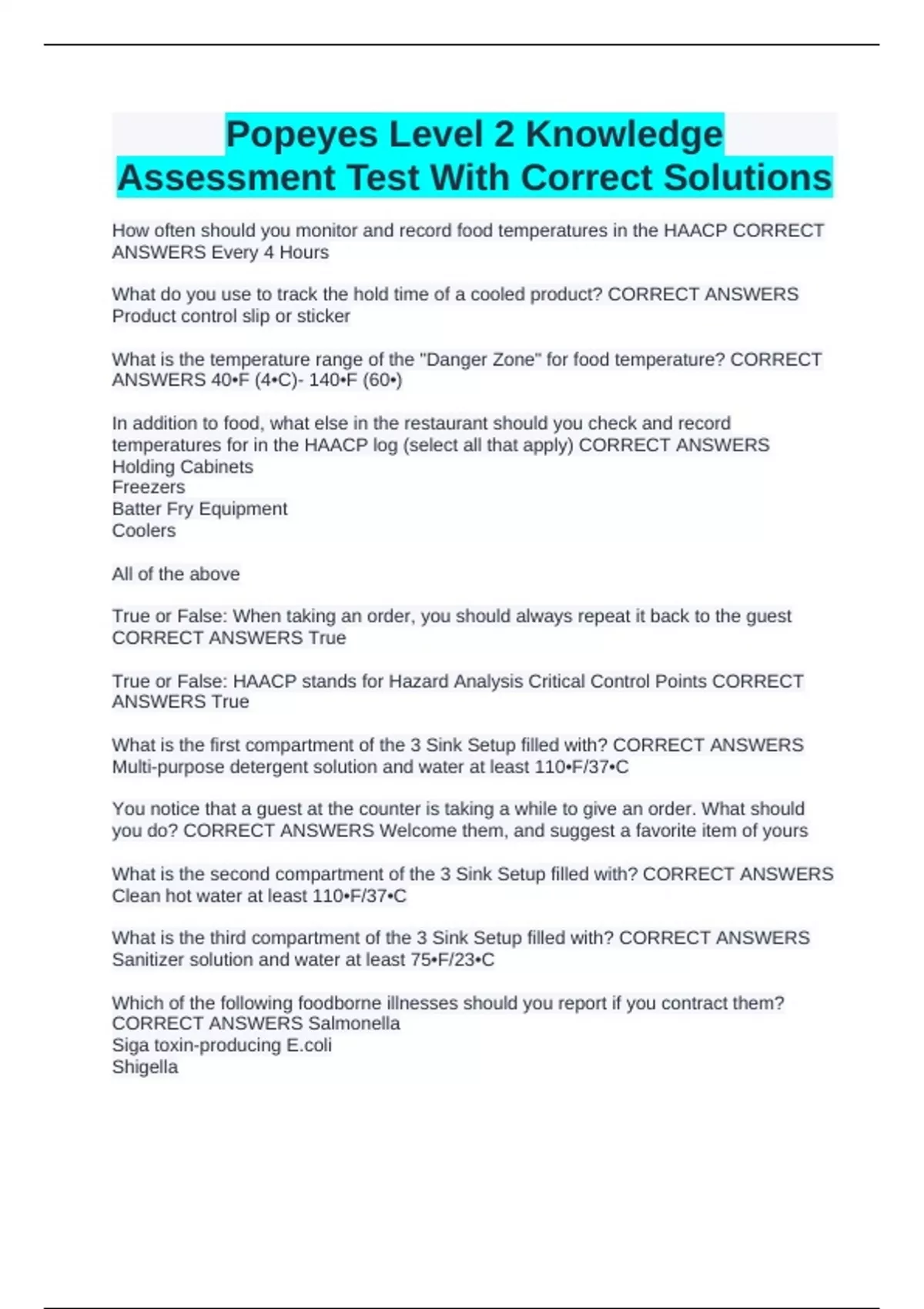 Popeyes Level 2 Knowledge Assessment Test With Correct Solutions ...