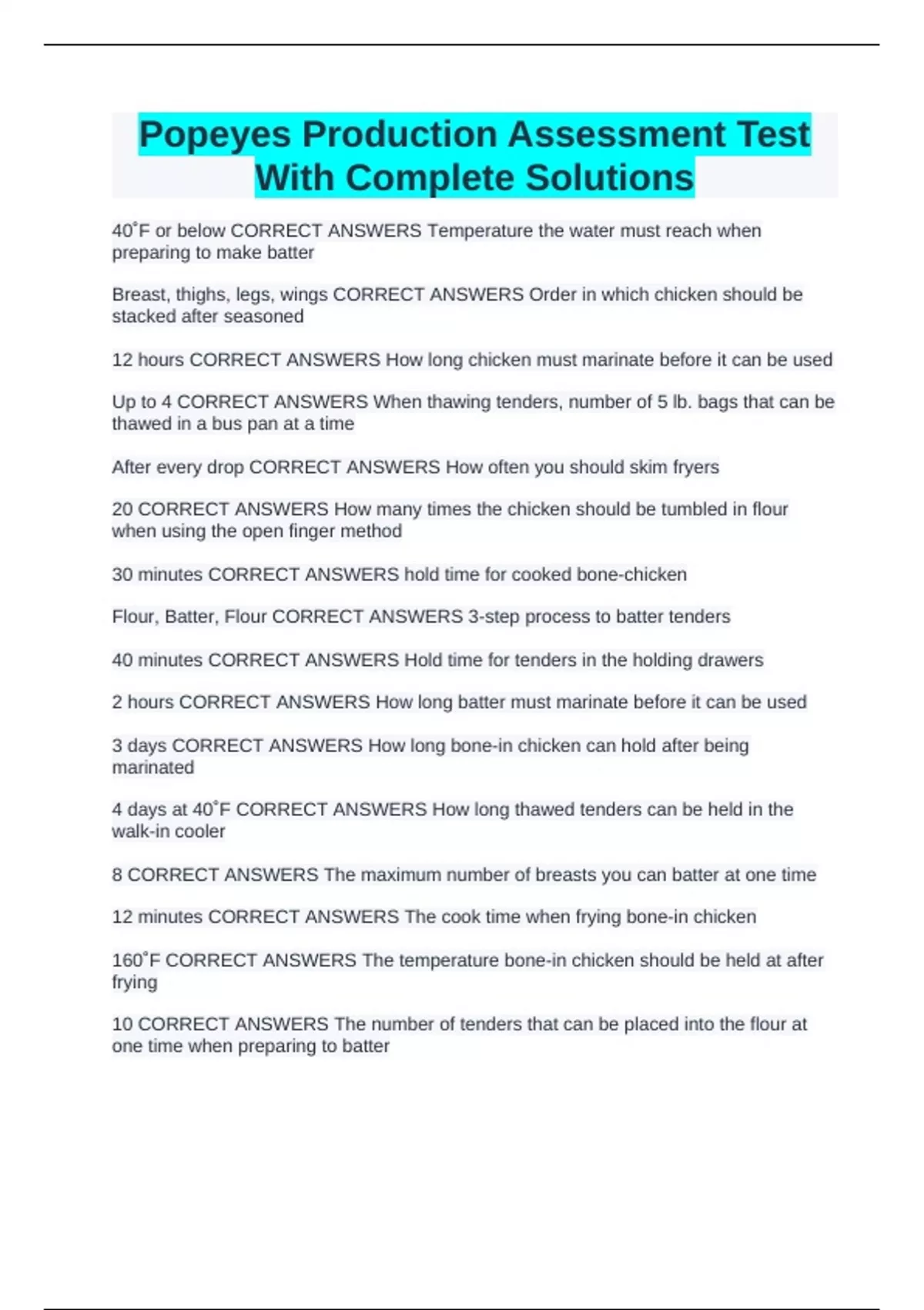 Popeyes Production Assessment Test With Complete Solutions - Popeyes ...