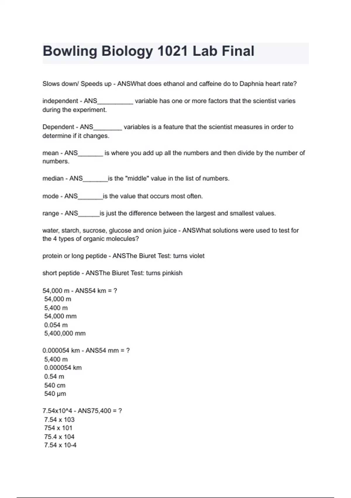 Bowling Biology 1021 Lab Final questions with correct answers 2024/2025 ...
