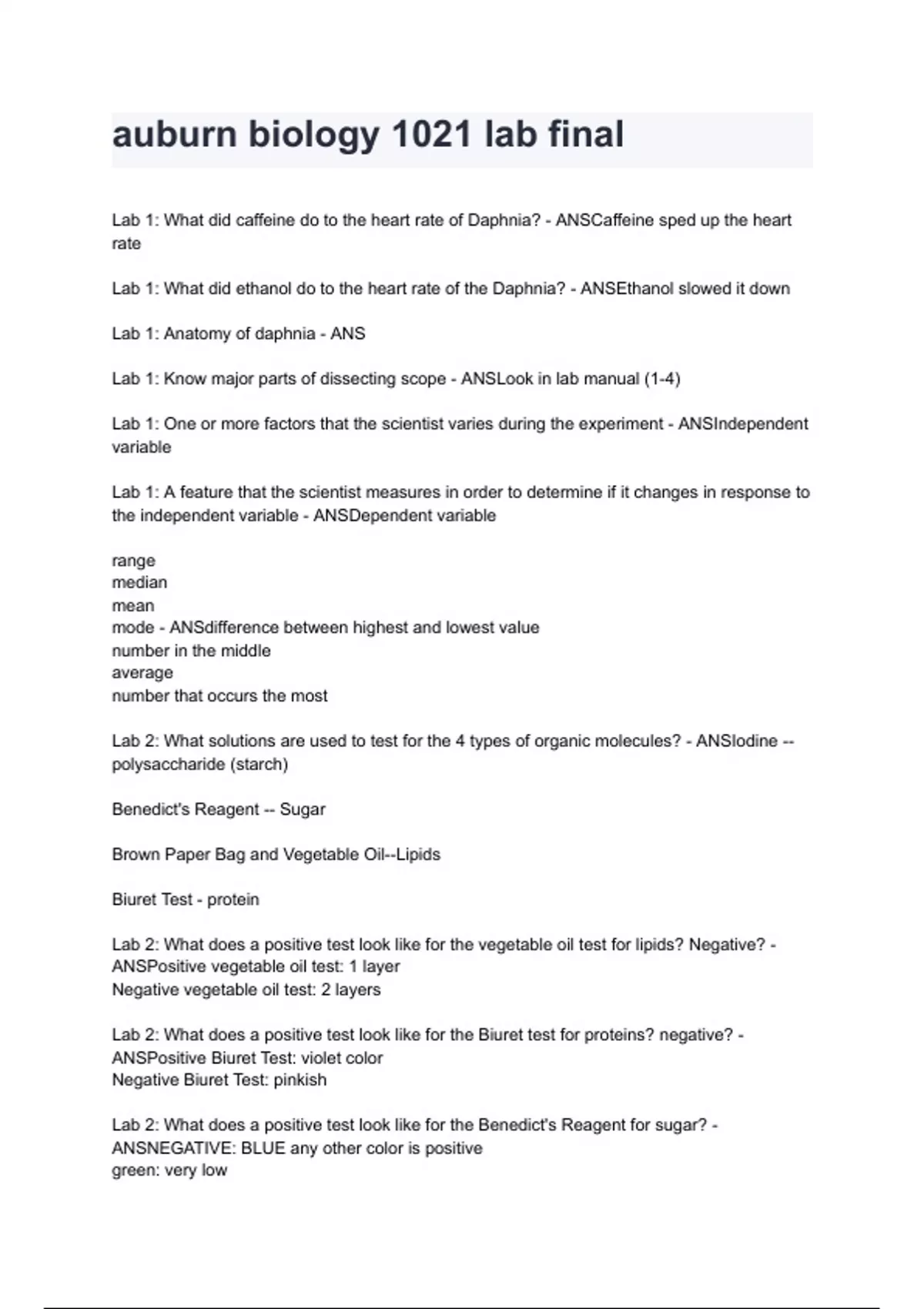 auburn biology 1021 lab final questions with correct answers 2024/2025 ...