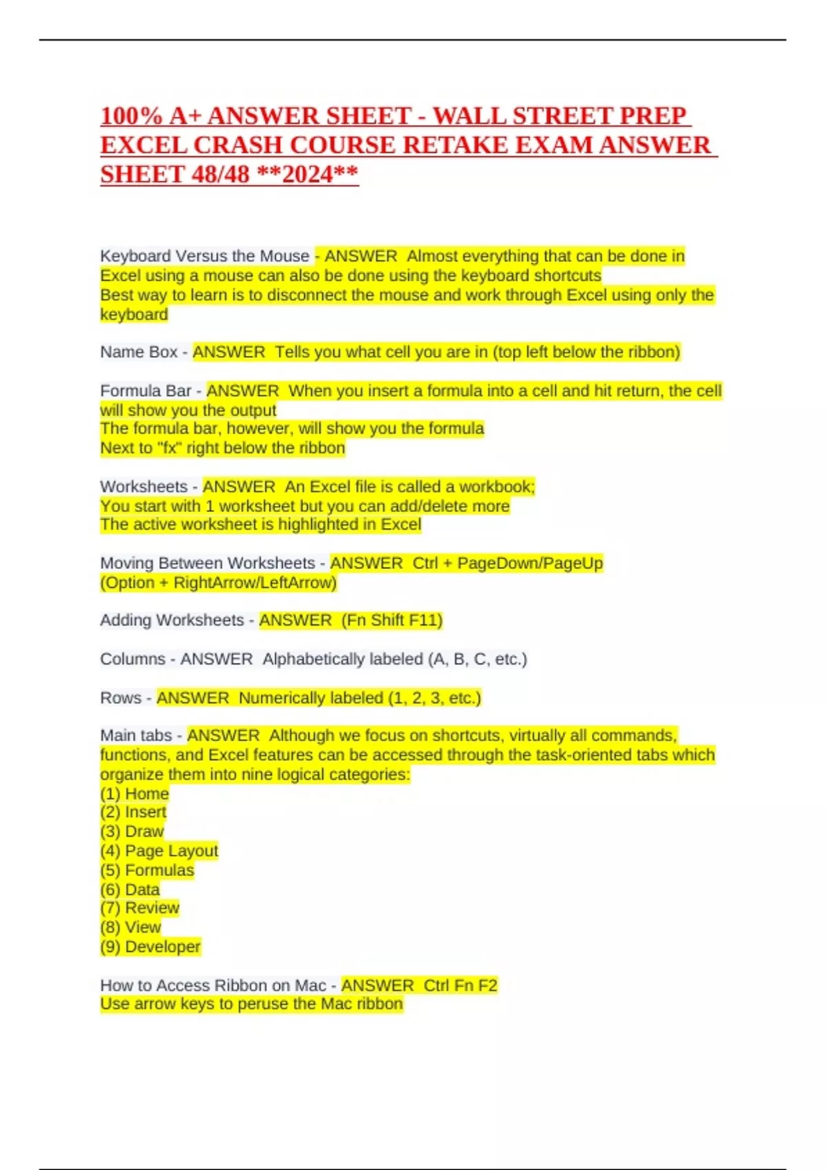 100% A+ ANSWER SHEET - WALL STREET PREP EXCEL CRASH COURSE RETAKE EXAM ...