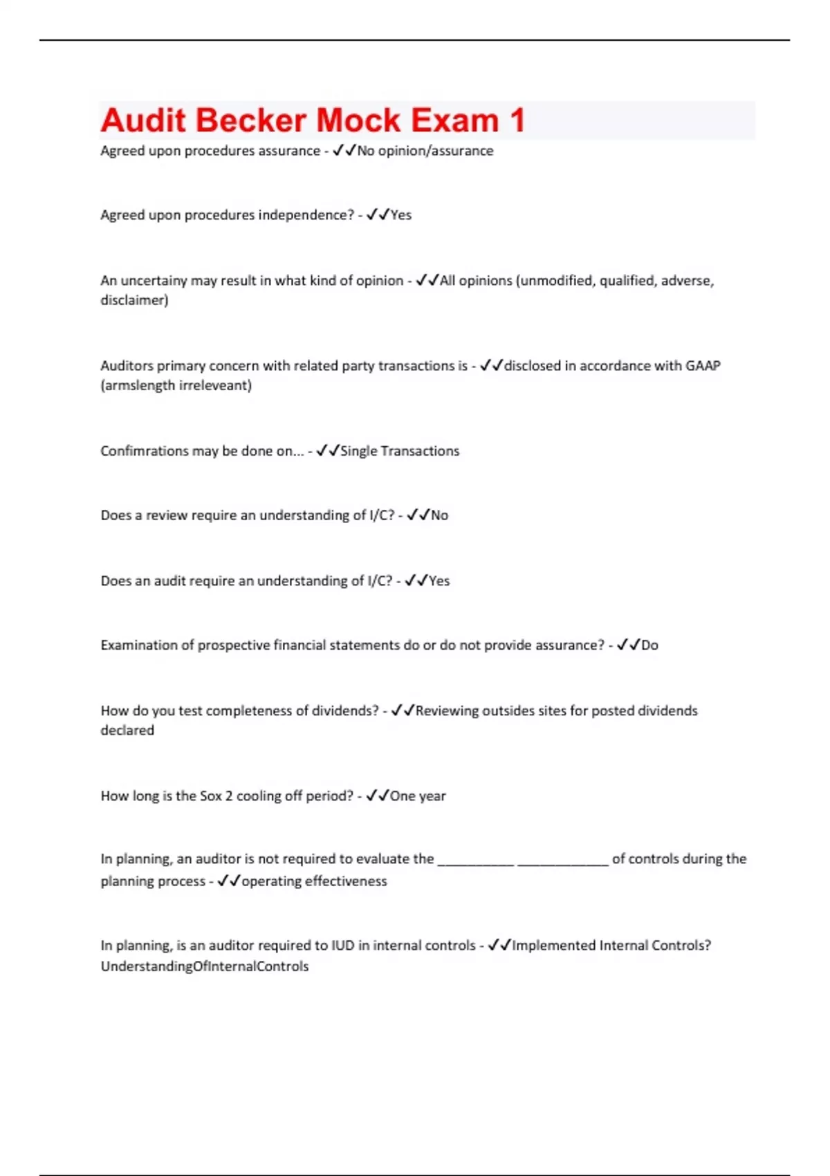 Audit Becker Mock Exam questions with accurate answers - Audit Becker Mock - Stuvia US