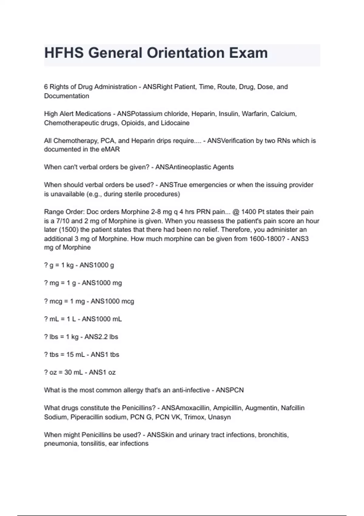 HFHS General Orientation Exam questions with correct answers 2024/2025 ...