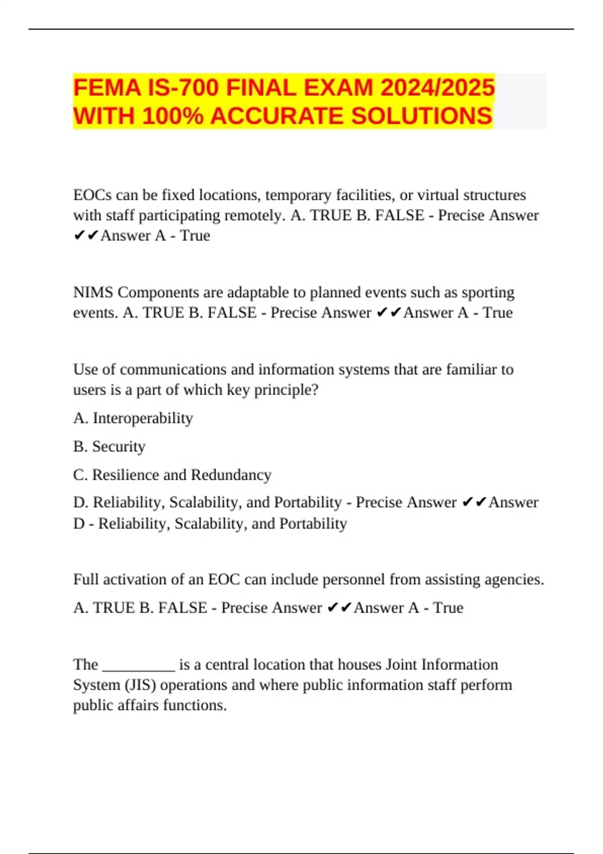 FEMA IS-700 FINAL EXAM 2024/2025 WITH 100% ACCURATE SOLUTIONS - FEMA IS ...