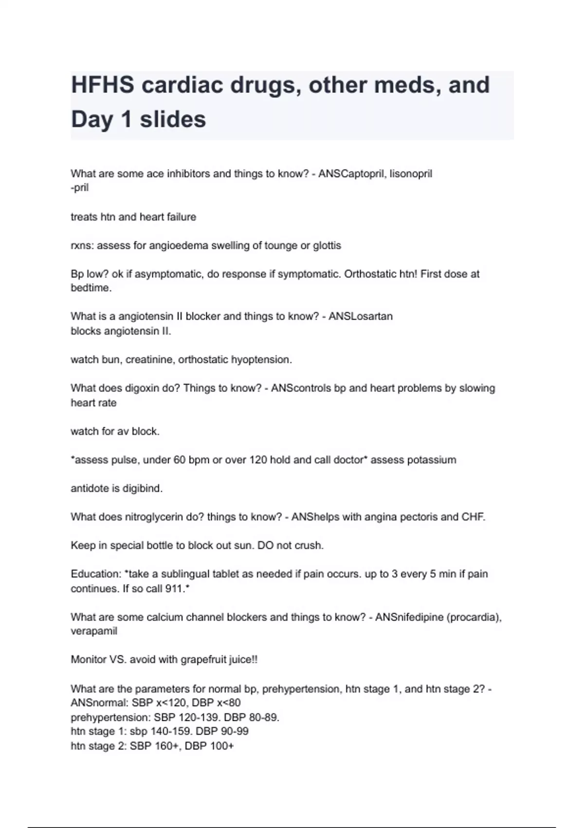 HFHS cardiac drugs, other meds, and Day 1 slides questions with correct ...