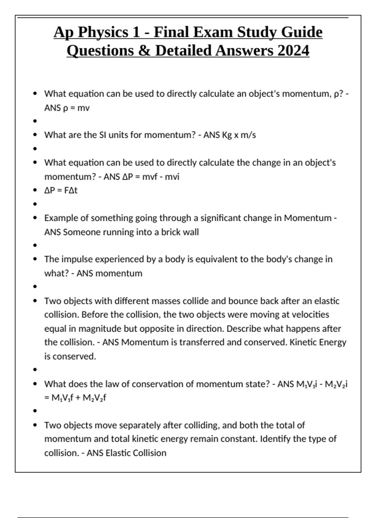 Ap Physics 1 - Final Exam Study Guide Questions & Detailed Answers 2024 ...