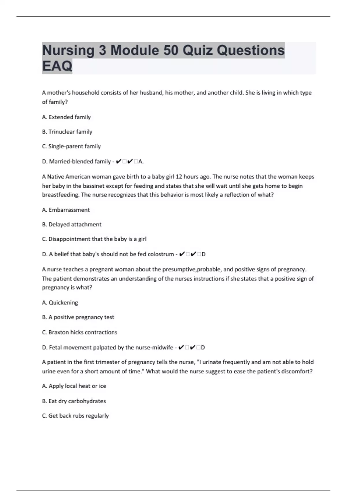 Nursing 3 Module 50 Quiz Questions EAQ Correctly Answered|12 Pages ...