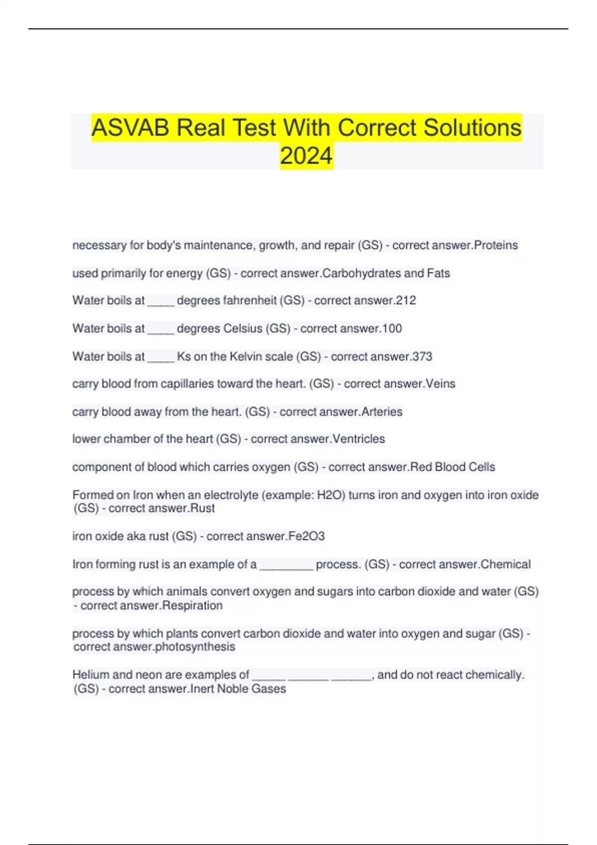 ASVAB Real Test With Correct Solutions 2024 - ASVAB Real - Stuvia US