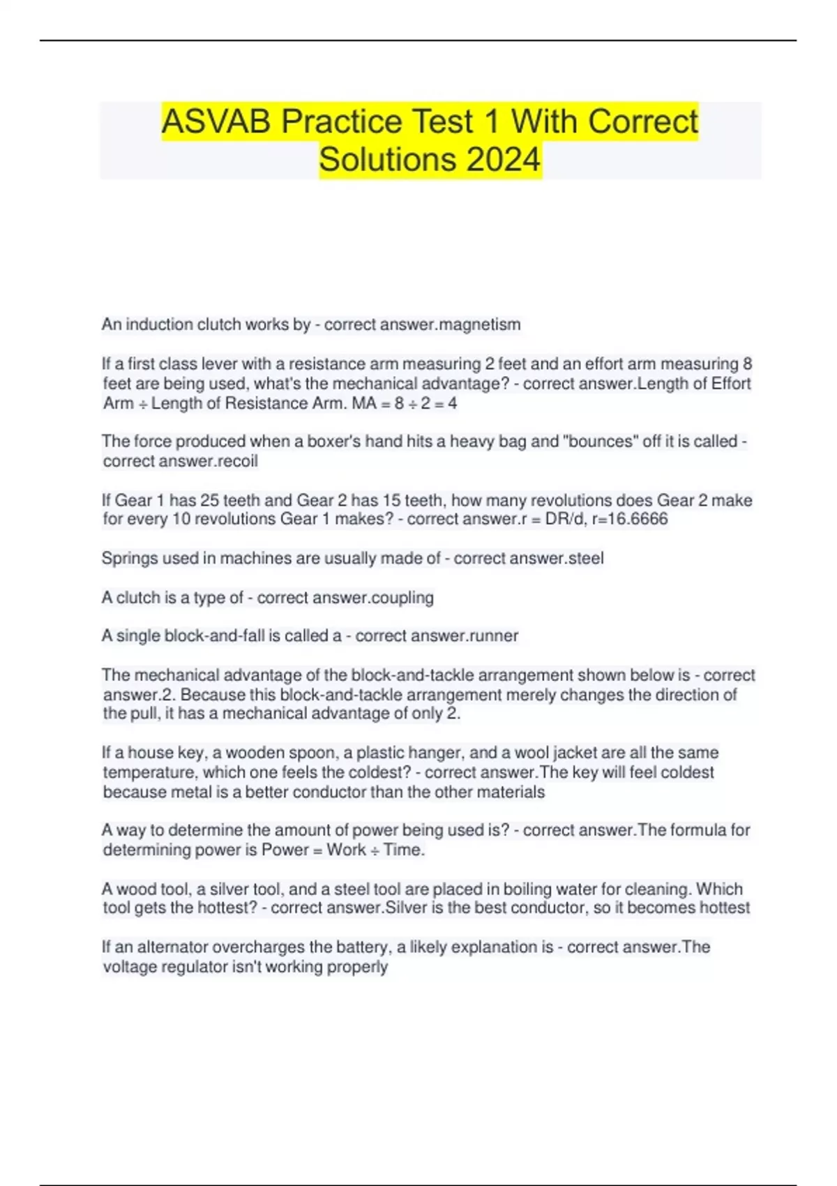 ASVAB Practice Test 1 With Correct Solutions 2024 - ASVAB - Stuvia US