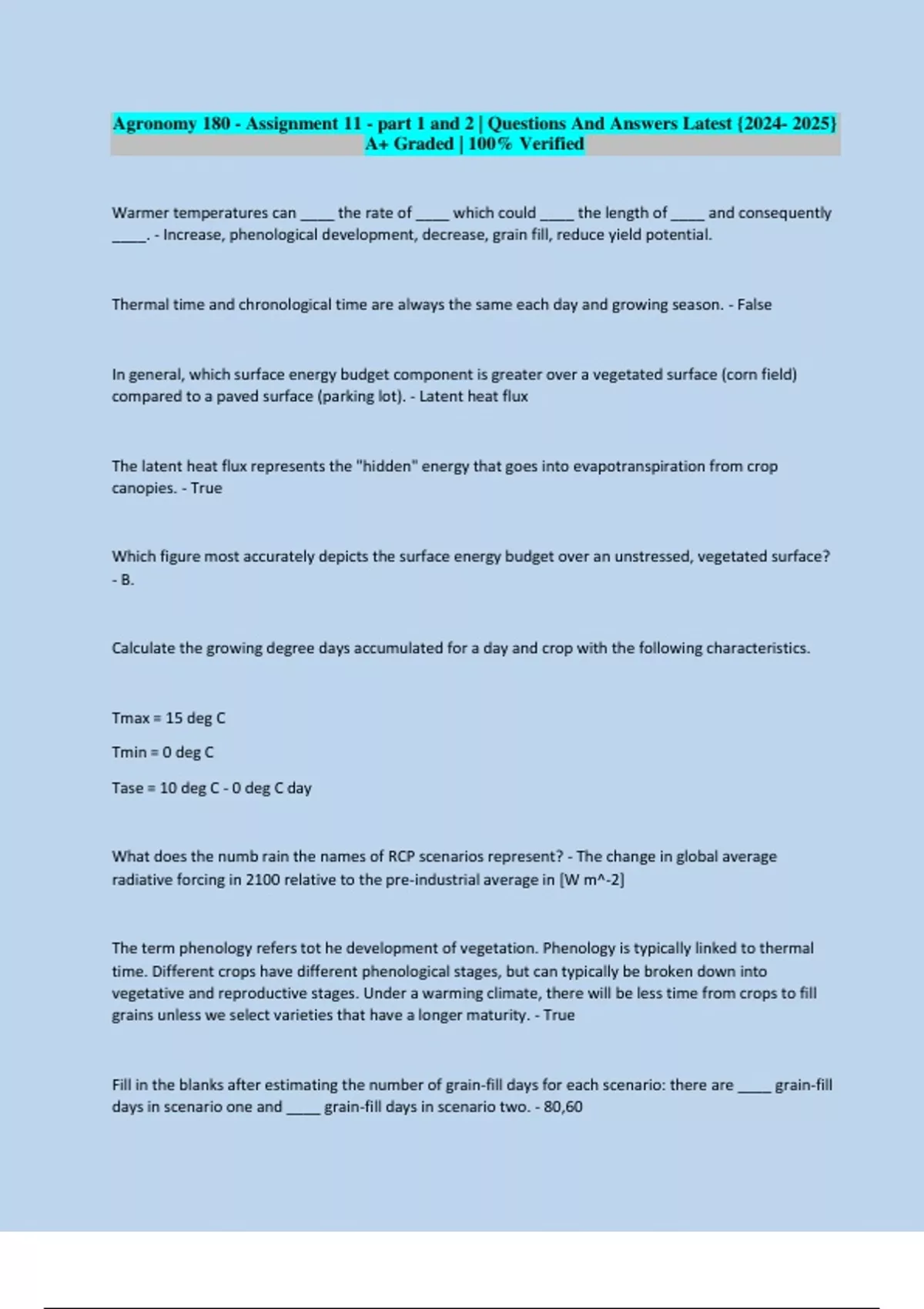 Agronomy 180 - Assignment 11 - part 1 and 2 | Questions And Answers ...