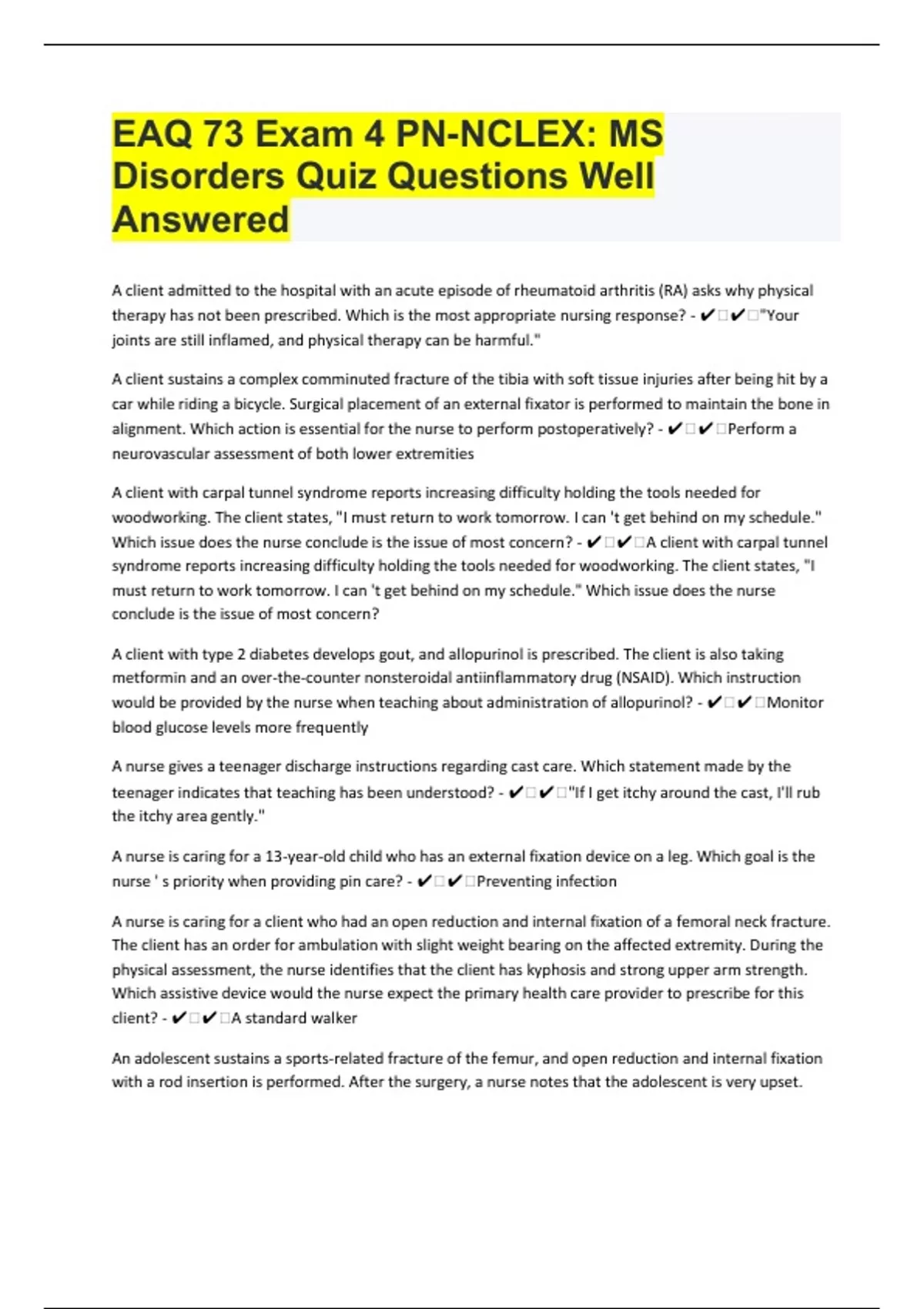 EAQ 73 Exam 4 PN-NCLEX: MS Disorders Quiz Questions Well Answered - EAQ ...