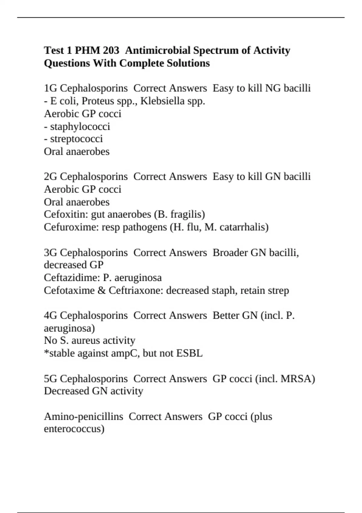 Test 1 PHM 203 Antimicrobial Spectrum of Activity Questions With ...