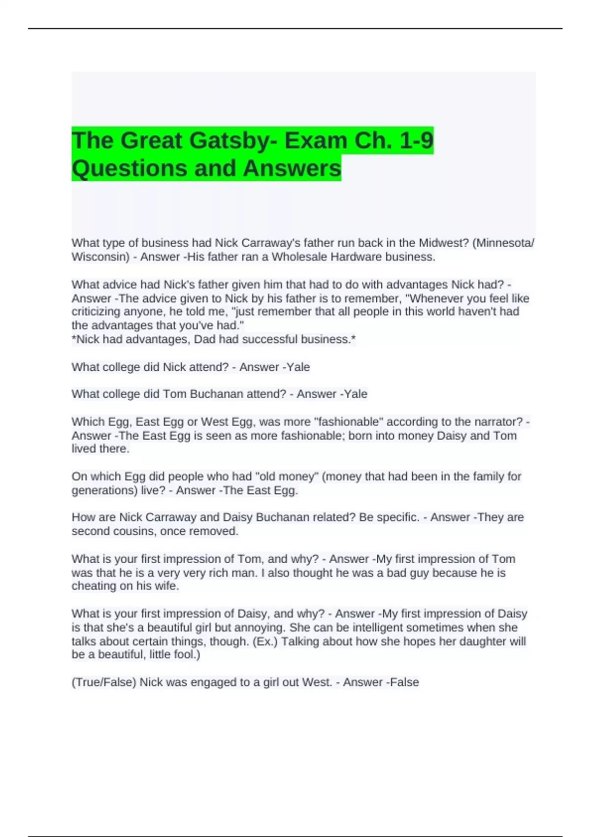 The Great Gatsby- Exam Ch. 1-9 Questions and Answers - Great Gatsby ...