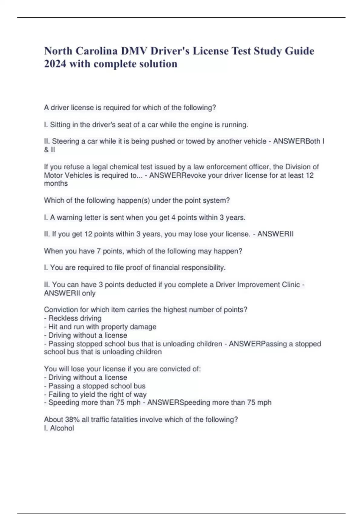 North Carolina DMV Driver's License Test Study Guide 2024 with complete ...