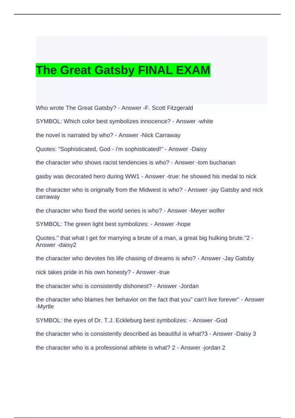 The Great Gatsby FINAL EXAM Questions and Answers - Great Gatsby ...