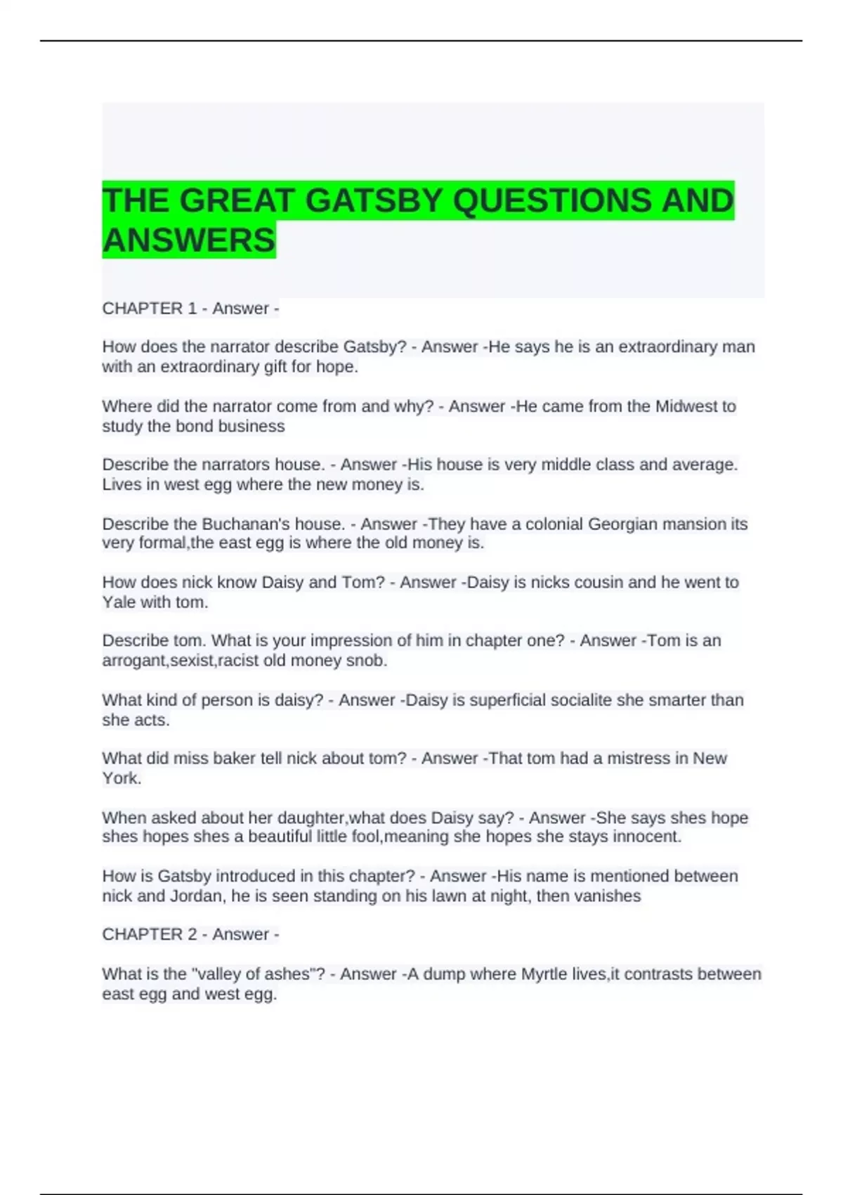 THE GREAT GATSBY QUESTIONS AND ANSWERS - The Great Gatsby - Stuvia US